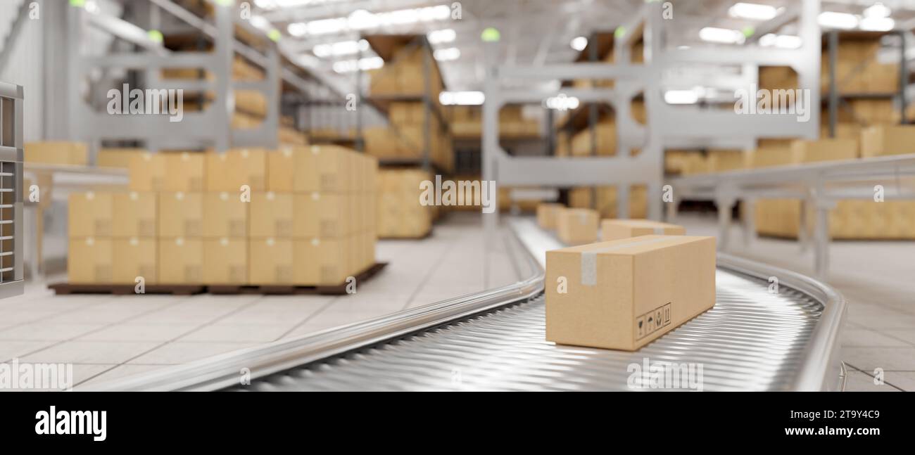 Cardboard boxes on a conveyor belt in a modern distribution warehouse ...