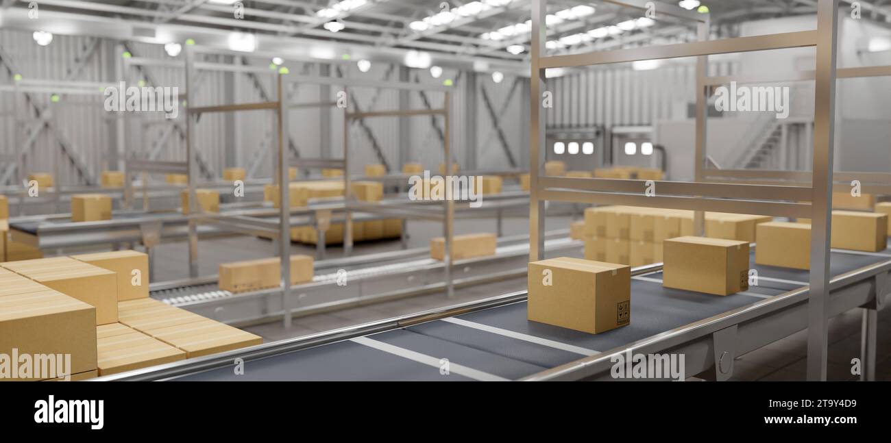 Cardboard boxes on a conveyor in a modern distribution warehouse ...