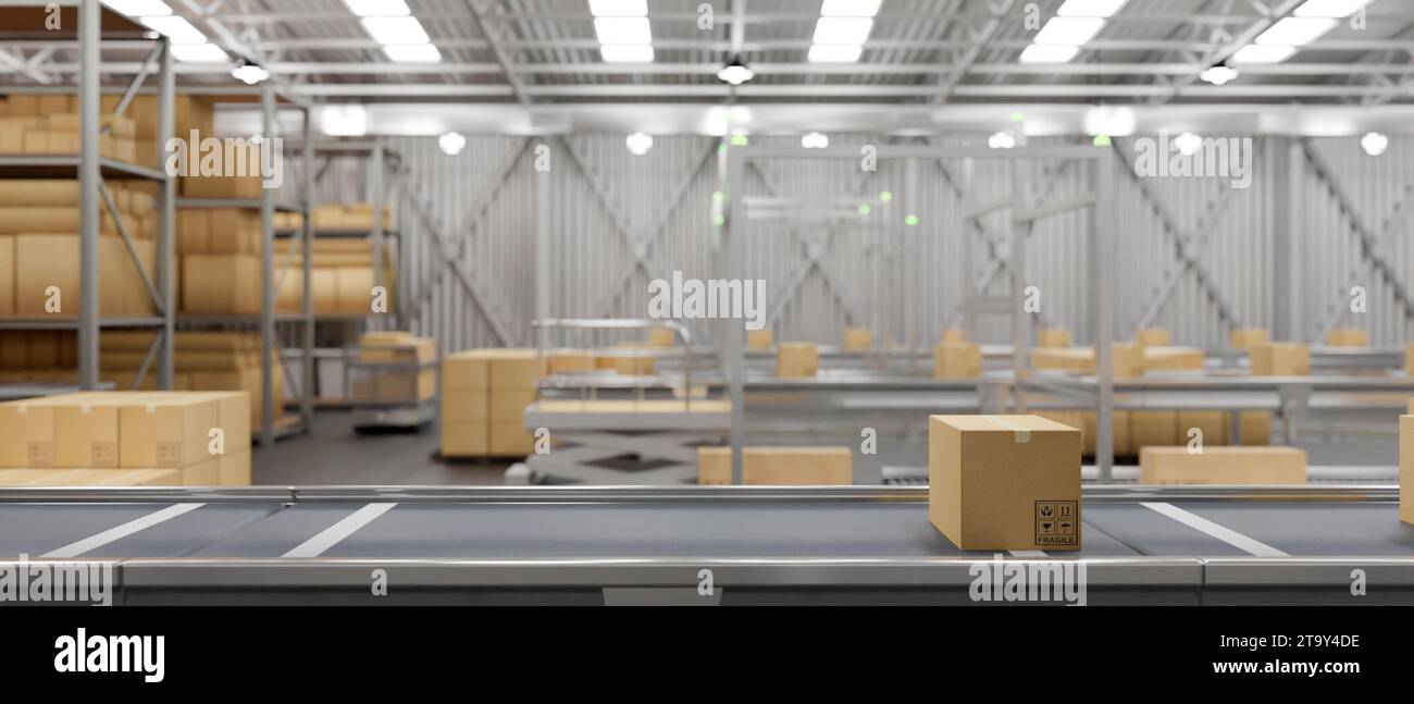 Retail shipping warehouse with cardboard boxes on a conveyor and ...