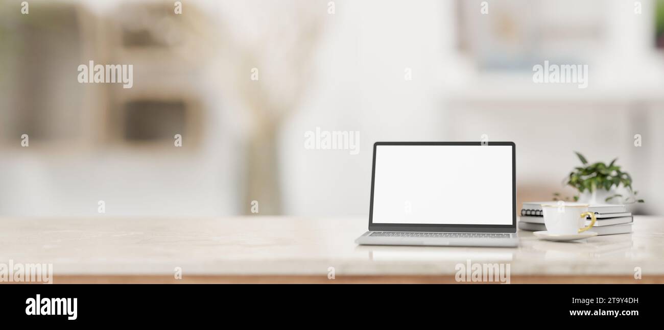 Close Up Image Of A Workspace With A White Screen Laptop Computer