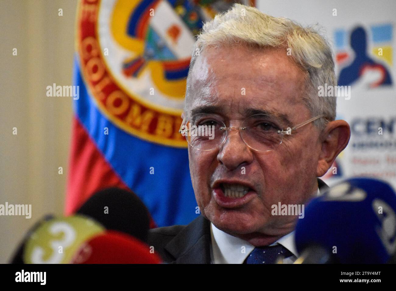 Bogota, Colombia. 27th Nov, 2023. Colombian former president Alvaro Uribe (2002-2010) speaks ...