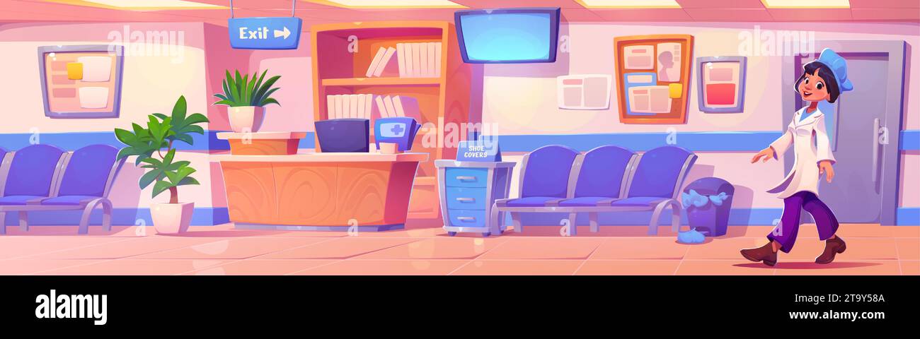 Female doctor walking hospital lobby. Vector cartoon illustration of ...
