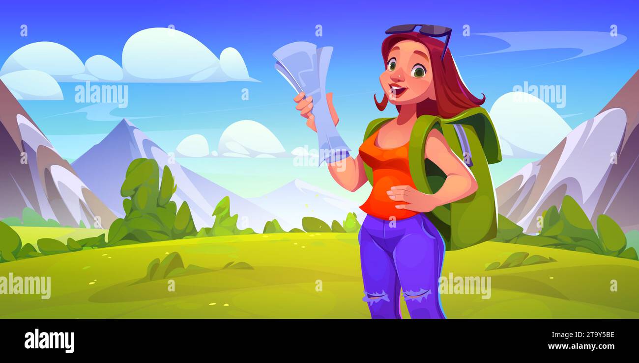 Female tourist hiking in mountain valley. Vector cartoon illustration ...