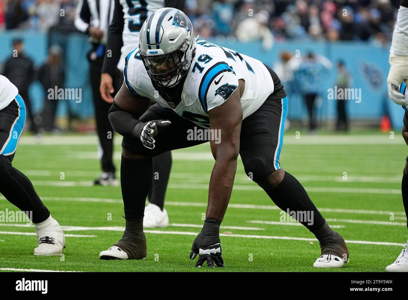 Carolina Panthers offensive tackle Ikem Ekwonu (79) plays during the second half of an NFL ...