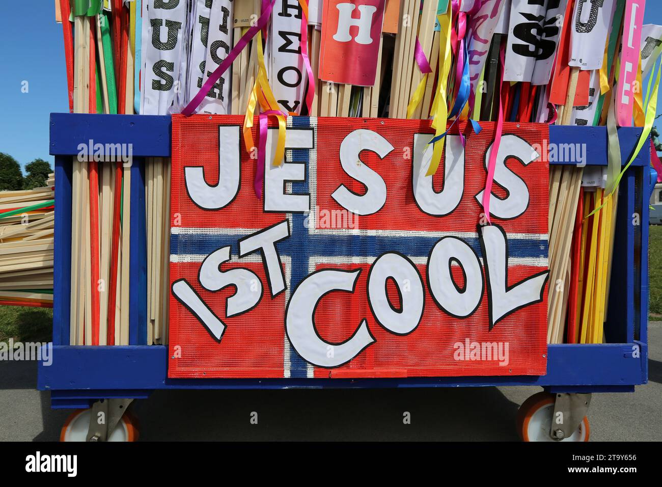 Banners box with sign "Jesus ist cool", Austrian "March for Jesus" that ...