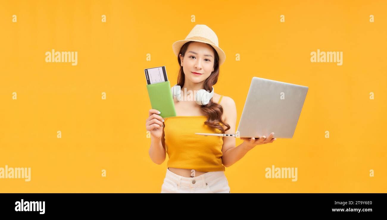 Asian Smiling Cheerful Female Woman Hand Using Laptop Check Flight Asian Smiling Cheerful Female Woman Hand Using Laptop Check Flight