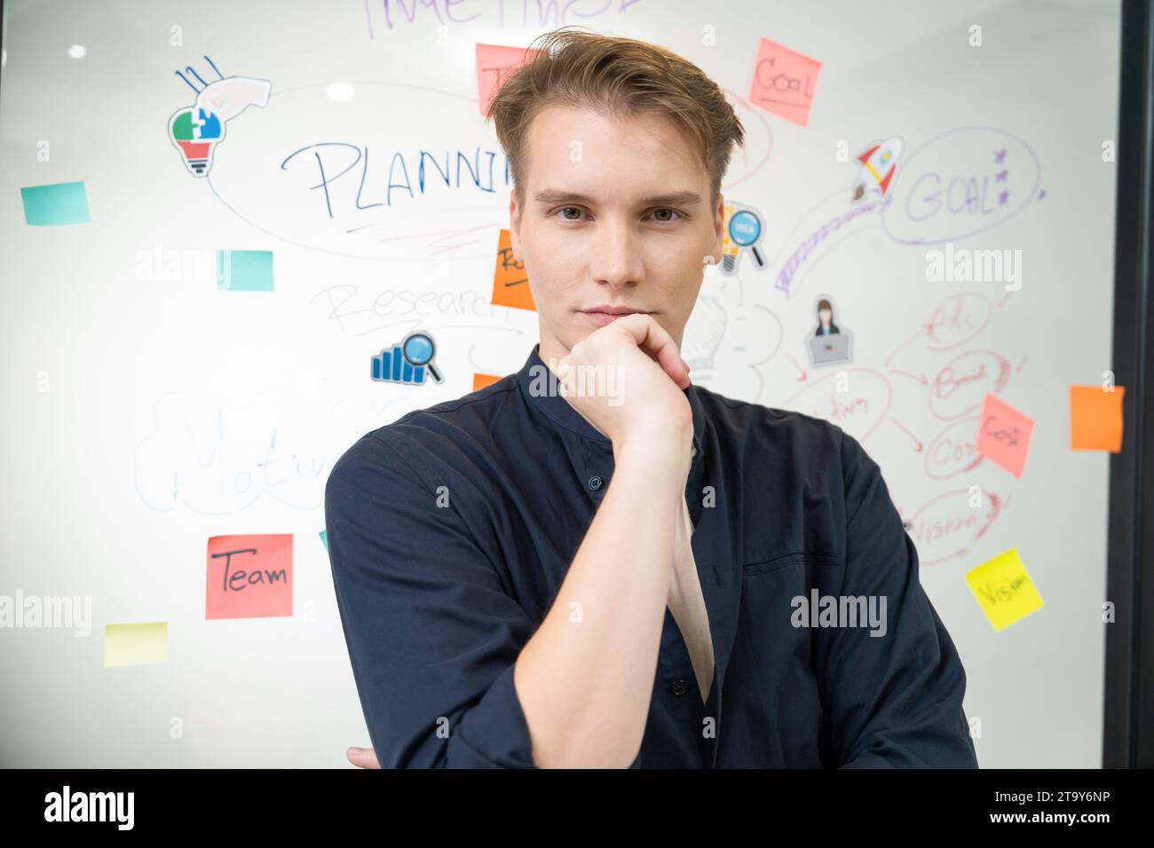 Portrait of young caucasian businessman thinking with confused face ...