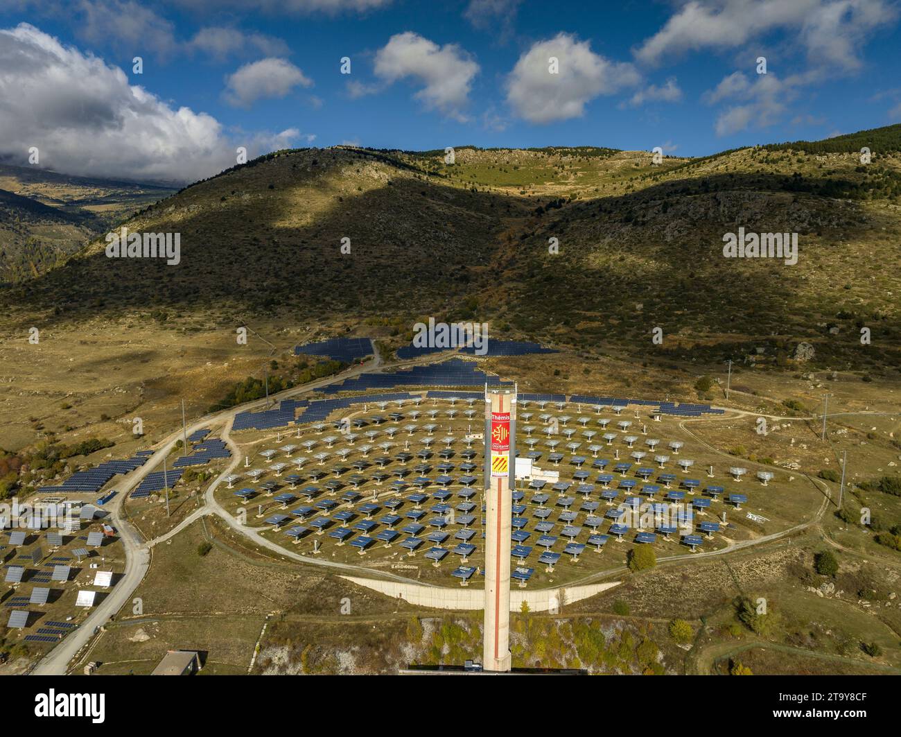 Aerial view of the Thémis Solar Innovation solar power plant, located ...