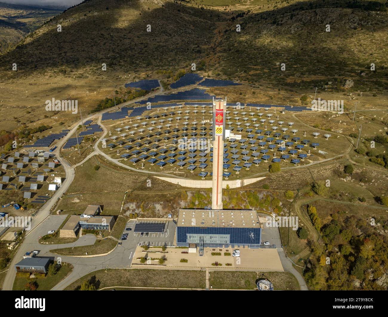 Aerial view of the Thémis Solar Innovation solar power plant, located ...