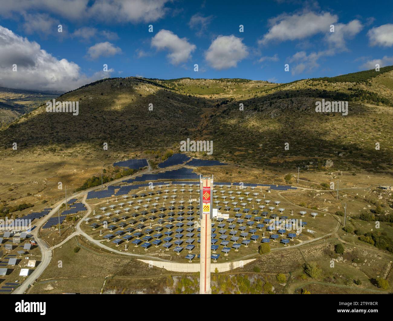 Aerial view of the Thémis Solar Innovation solar power plant, located ...