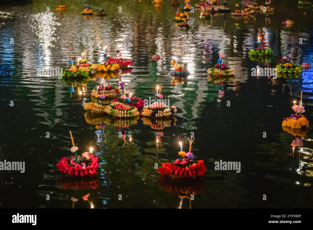 Bangkok, Thailand. 27th Nov, 2023. Krathongs are seen floating in the ...