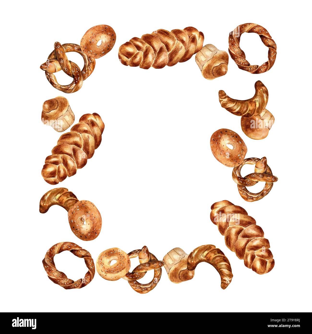 Frame of different kinds bread watercolor isolated on white. Hand drawn ...