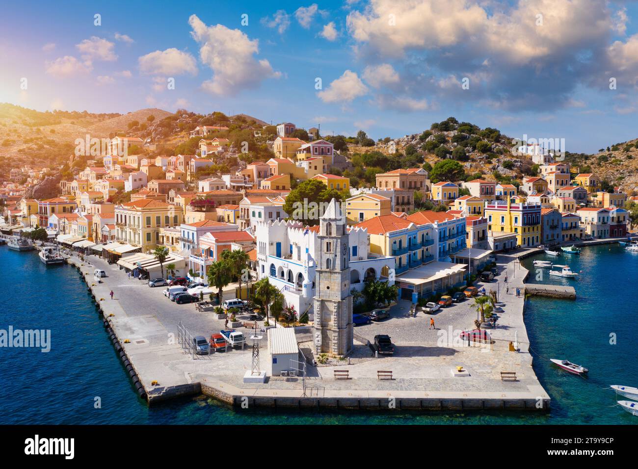 Aerial view of the beautiful greek island of Symi (Simi) with colourful ...