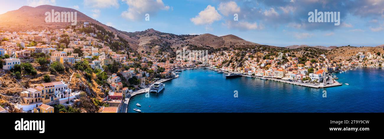 Aerial view of the beautiful greek island of Symi (Simi) with colourful ...