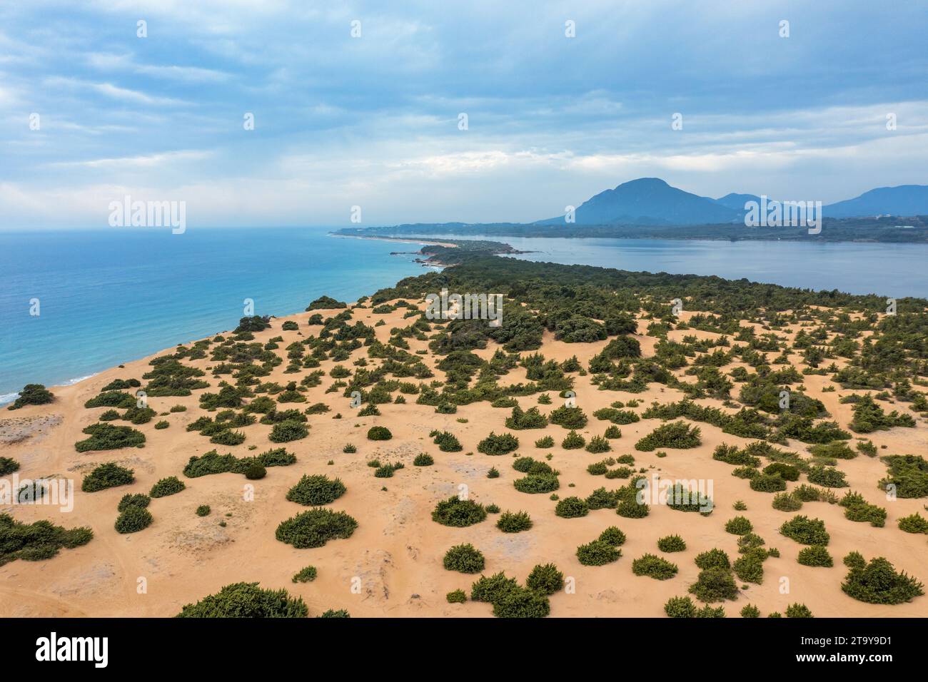 Issos beach on Corfu, near Agios Georgios, Greece. Aerial drone view of ...