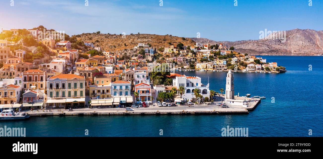 Aerial view of the beautiful greek island of Symi (Simi) with colourful ...