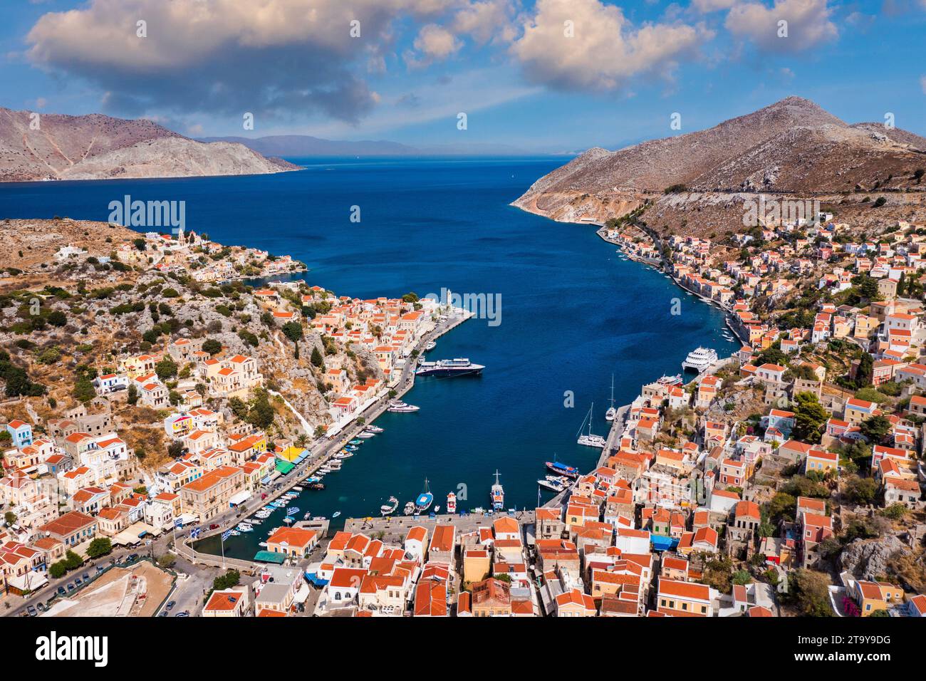 Aerial view of the beautiful greek island of Symi (Simi) with colourful ...