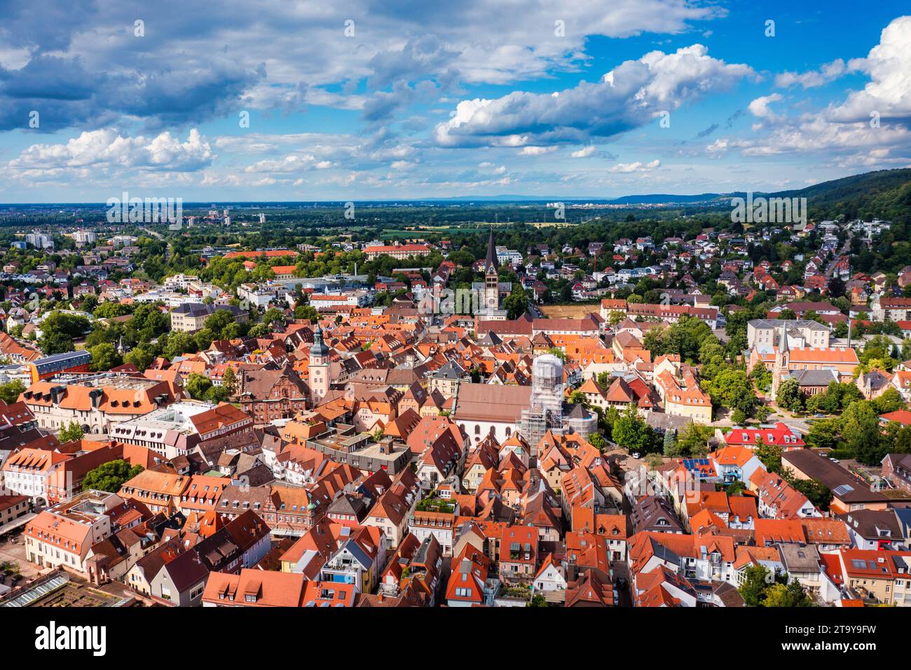 Old city of Ettlingen in Germany with a river and a church. View of a ...