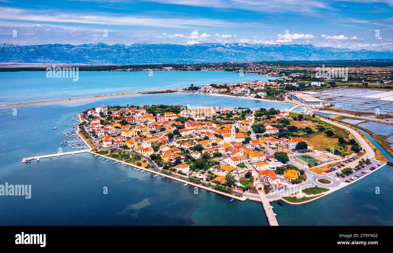 Historic town of Nin laguna aerial view with Velebit mountain ...