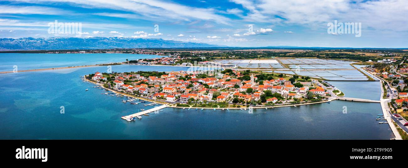Historic town of Nin laguna aerial view with Velebit mountain ...