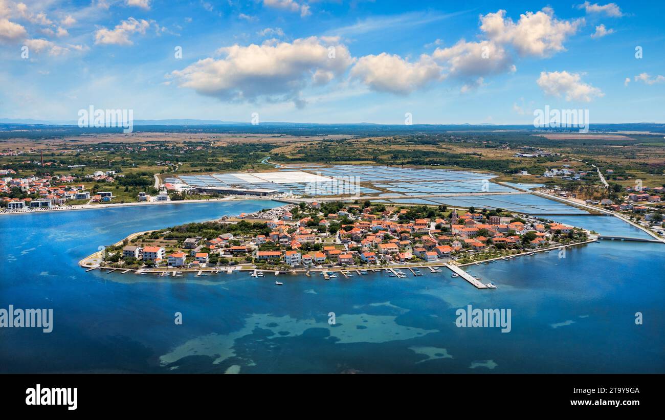 Historic town of Nin laguna aerial view with Velebit mountain ...