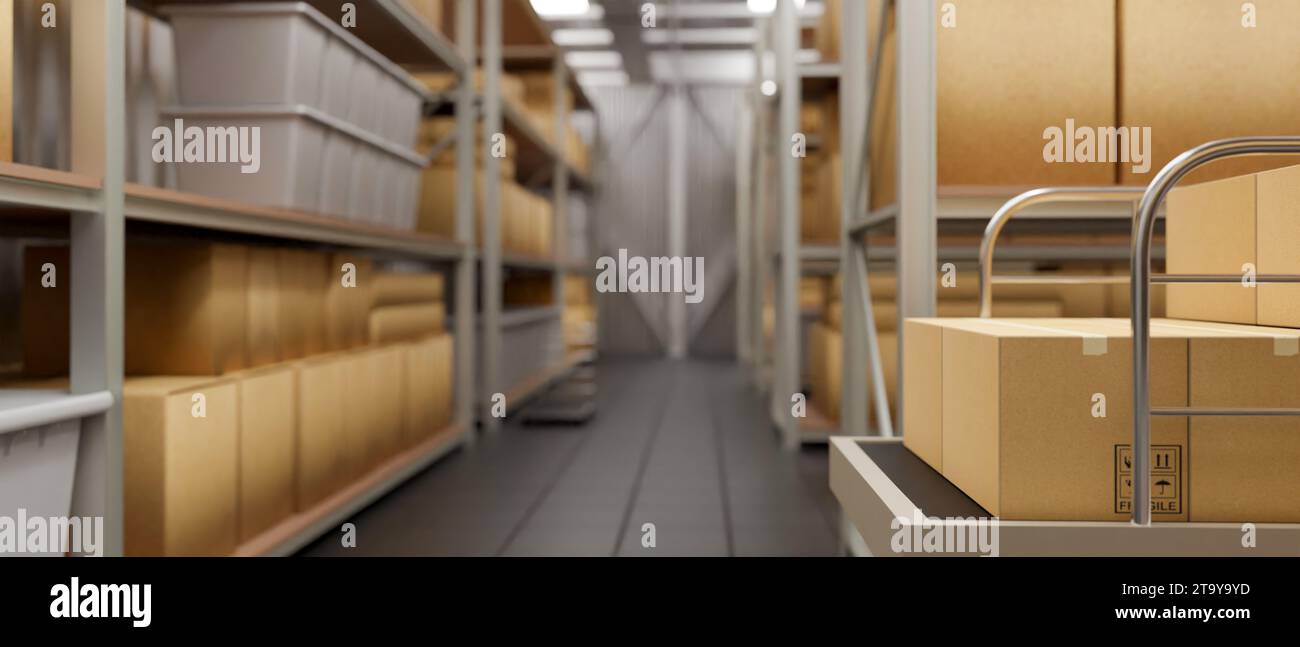 Cardboard boxes on a cart in a modern distribution warehouse. Cargo ...