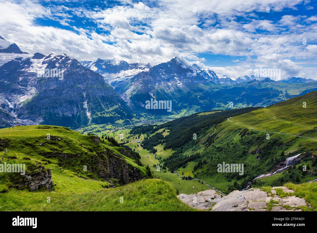 Grindelwald view and summer Swiss Alps mountains panorama landscape ...