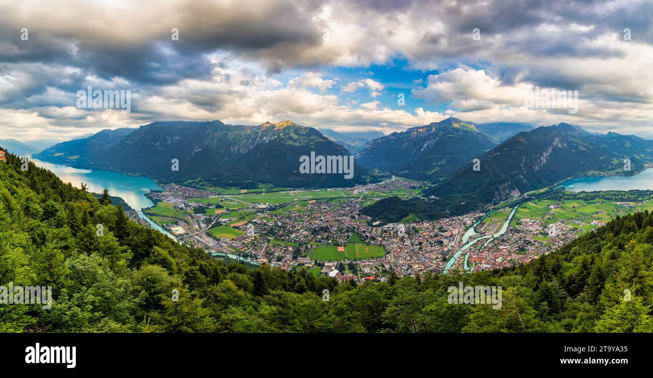 View from Harder Kulm in Swiss Interlaken in summer sunset. Turquoise ...