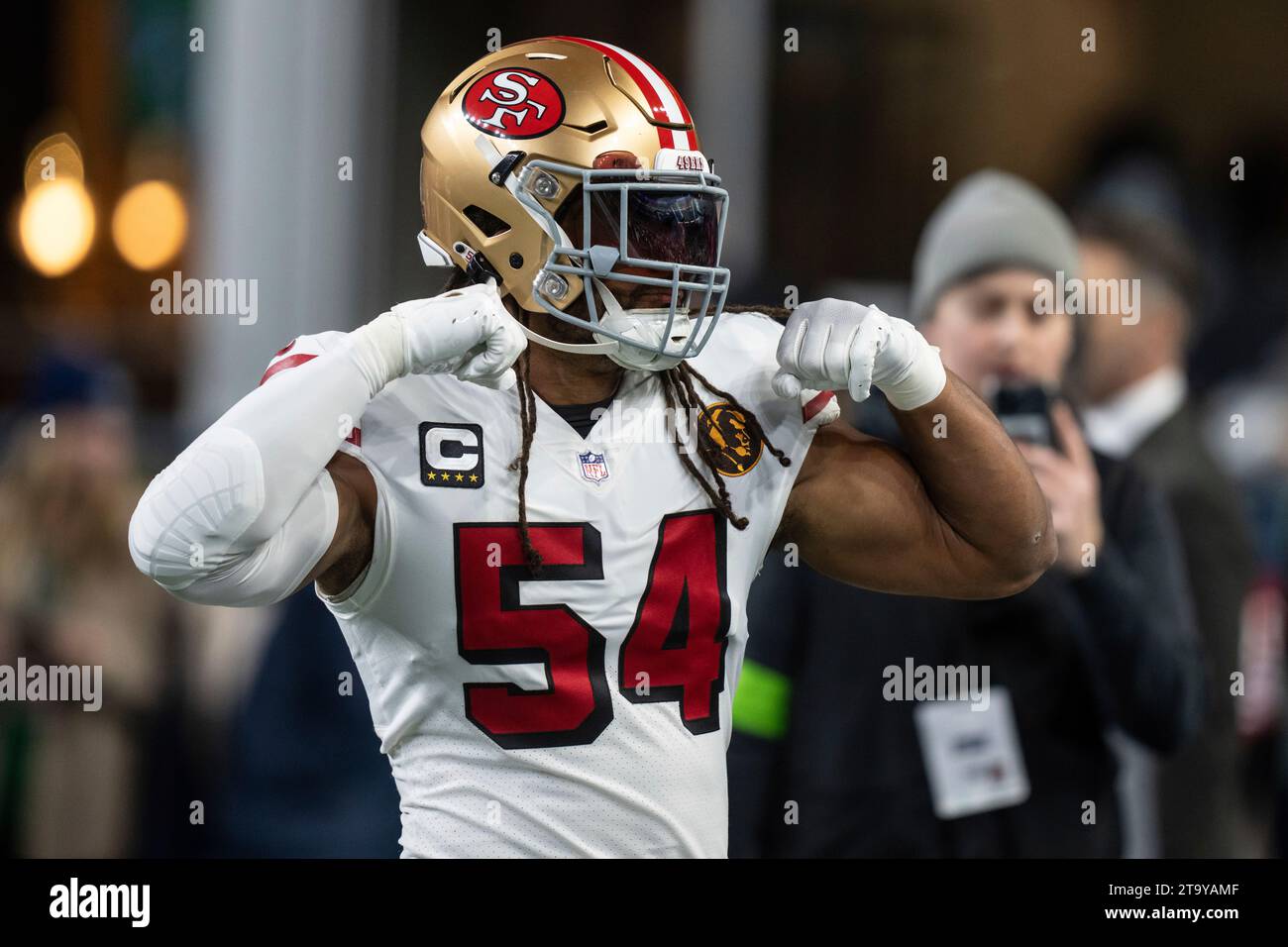 San Francisco 49ers linebacker Fred Warner flexes during warmups before ...