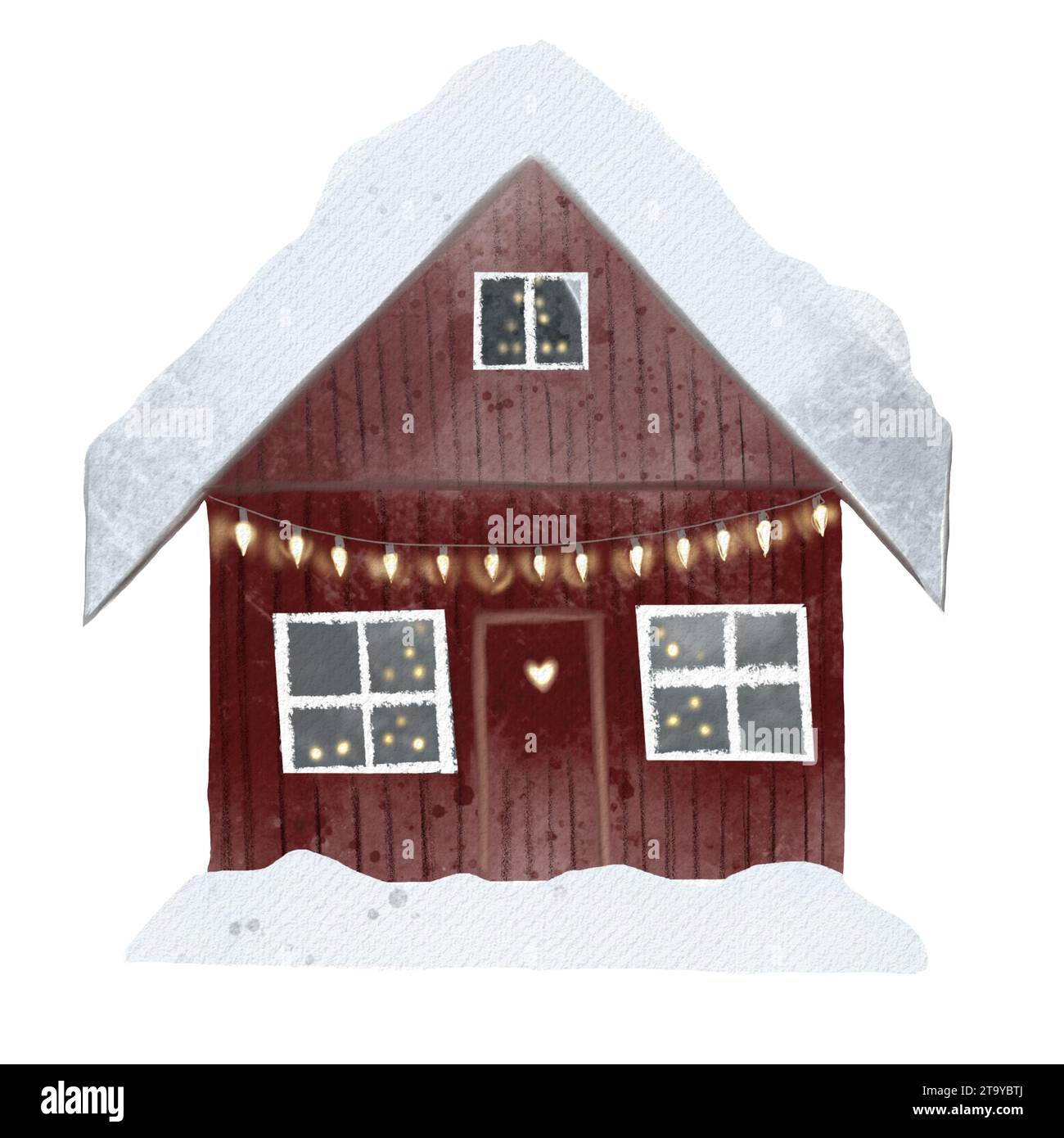 Watercolor drawing of a snowy winter house with a garland of lanterns ...