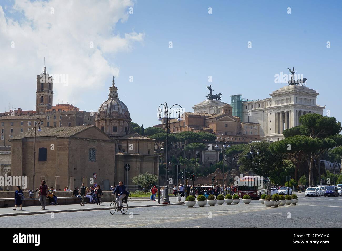 Rome cityscape from Via Dei Fori Imperiali on Palazzo Venezia and Santi ...