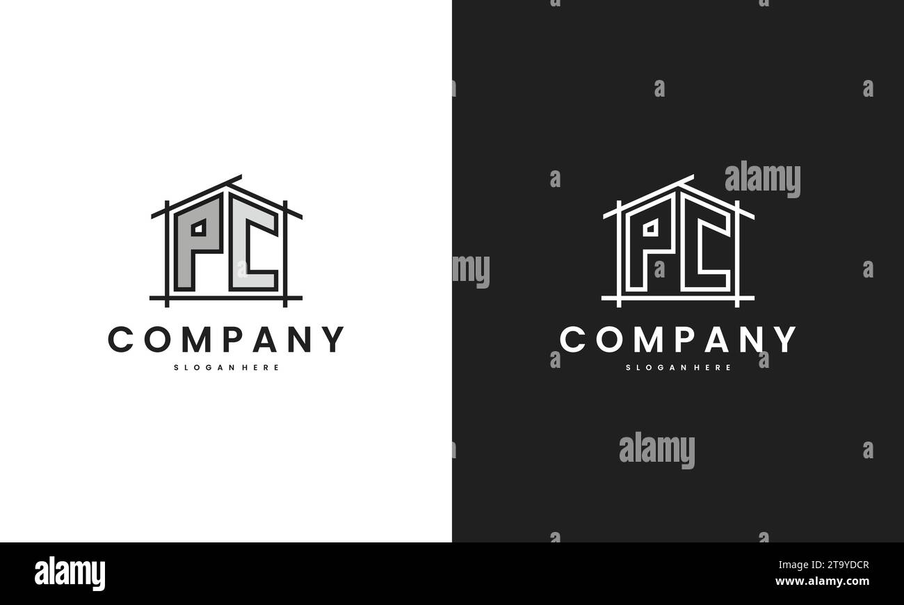 Initial PC home logo with creative house element in line art style ...