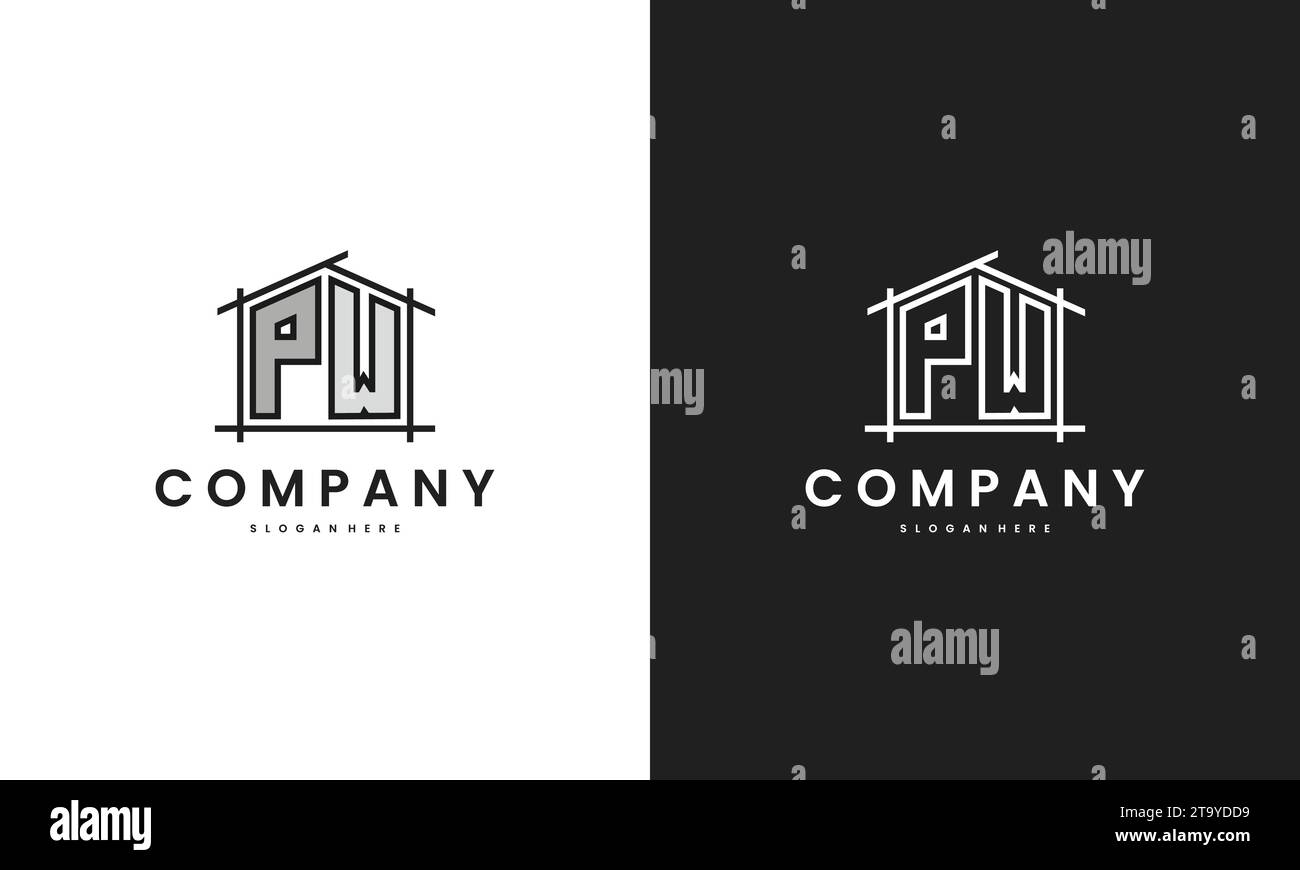 Initial PW home logo with creative house element in line art style ...