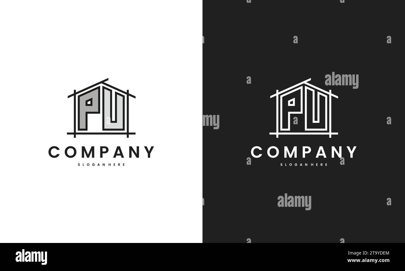 Initial PU home logo with creative house element in line art style ...