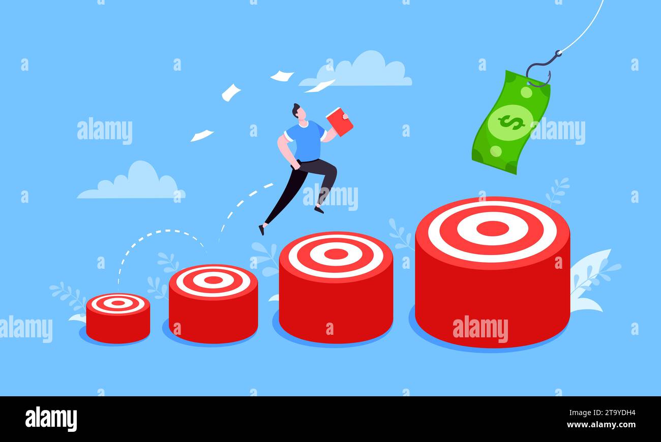 Businessman runs and jumps from small target goal to reach bigger target goal achievement flat ...