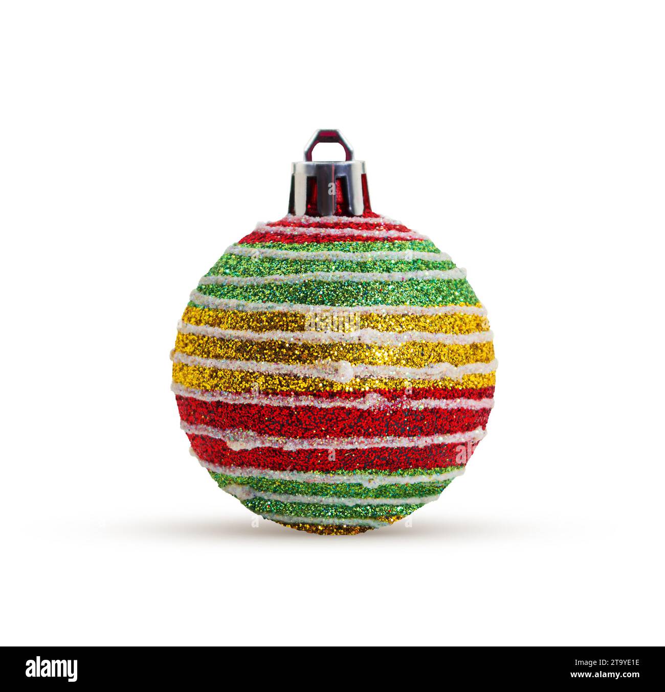 Shiny red yellow green striped ball with shadow on white isolated ...