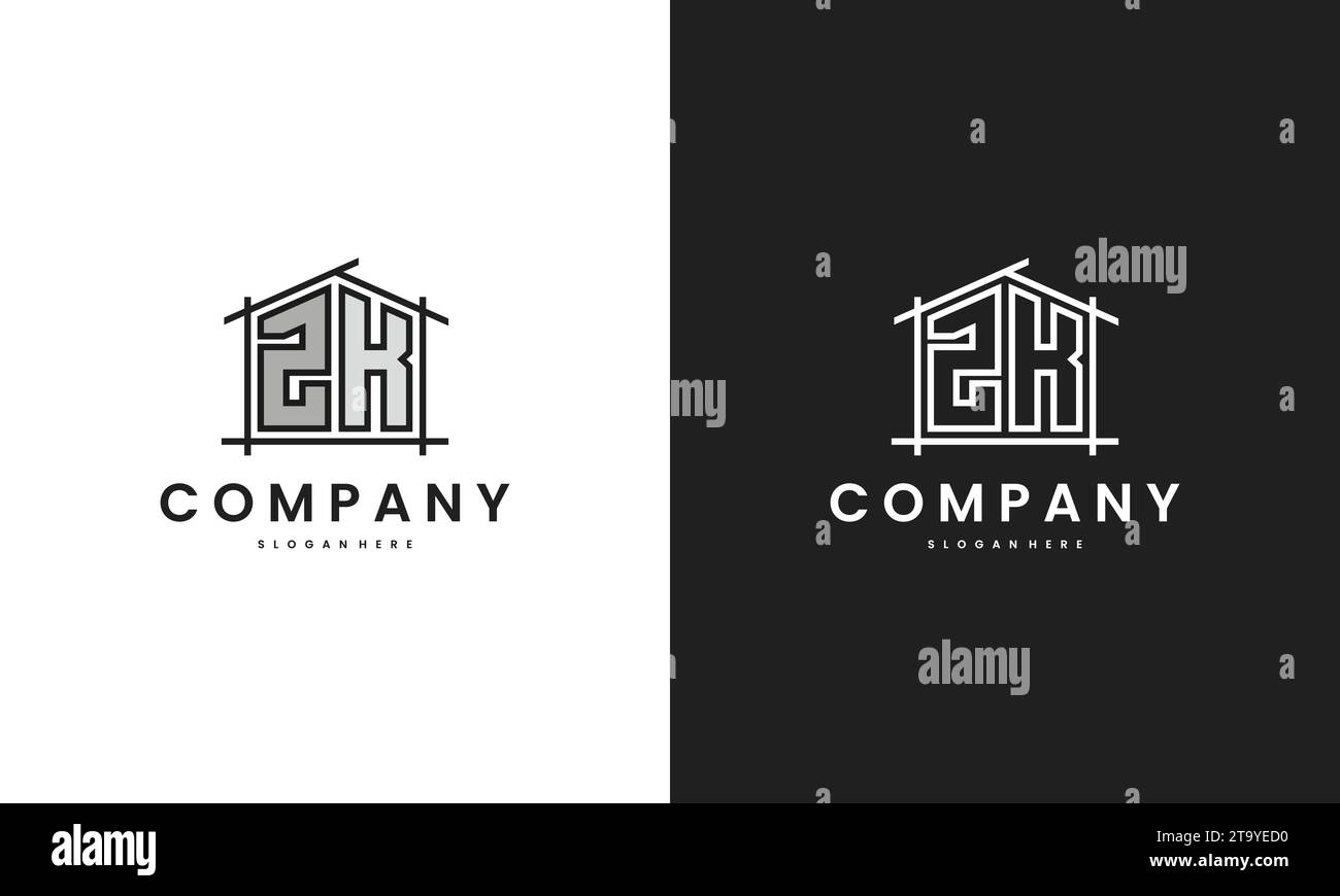 Initial ZK home logo with creative house element in line art style ...