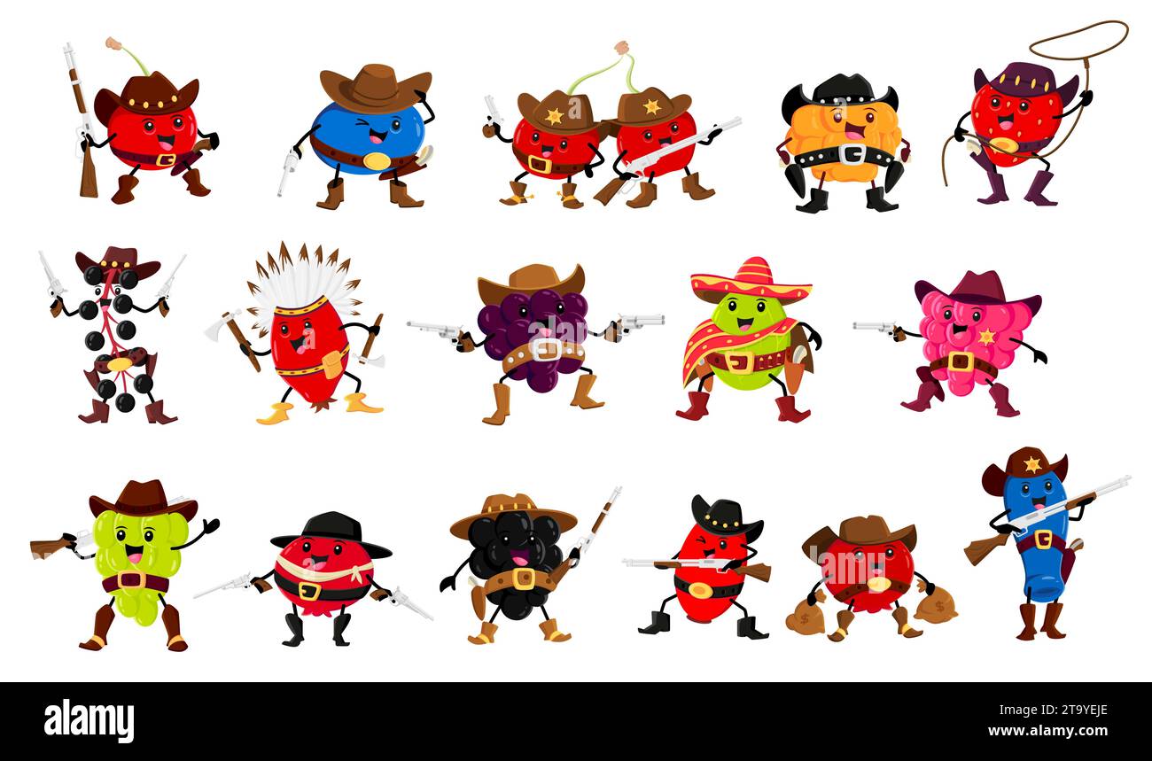 Cartoon berry cowboy, sheriff, ranger and robber characters. Vector ...