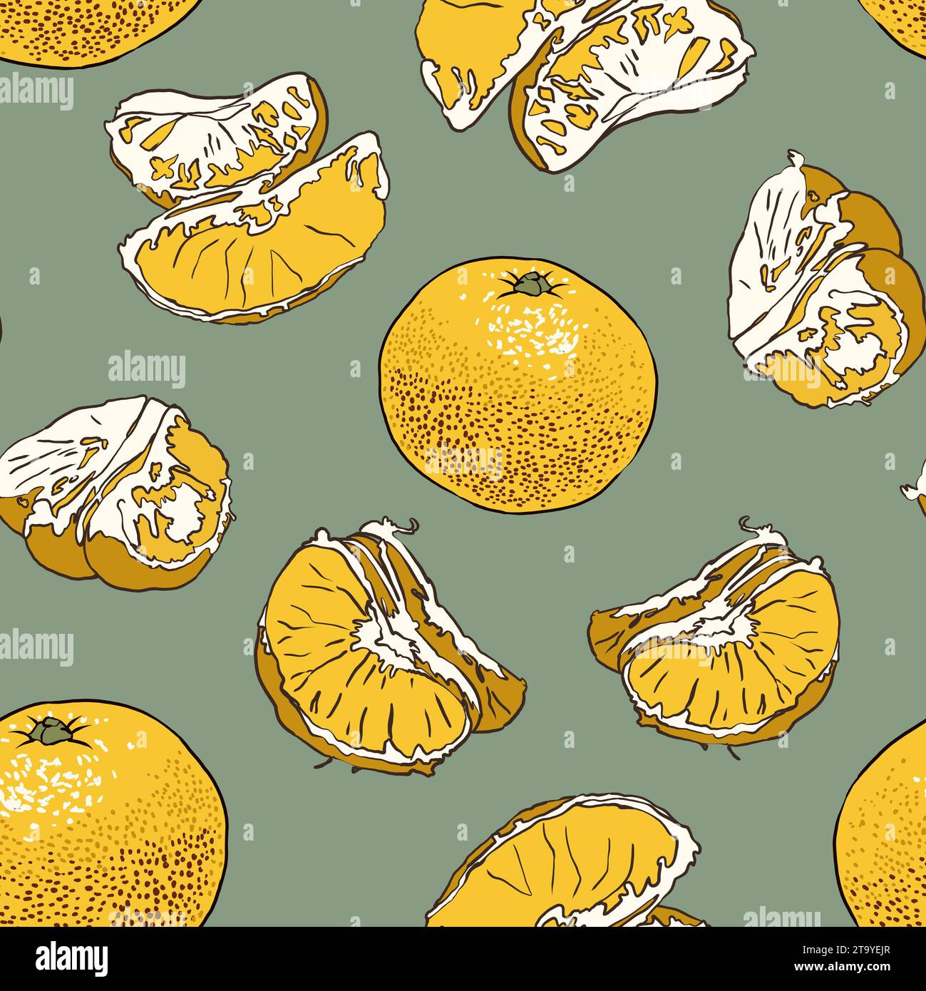 Seamless pattern with tangerine. Handmade drawing of tangerine fruits ...