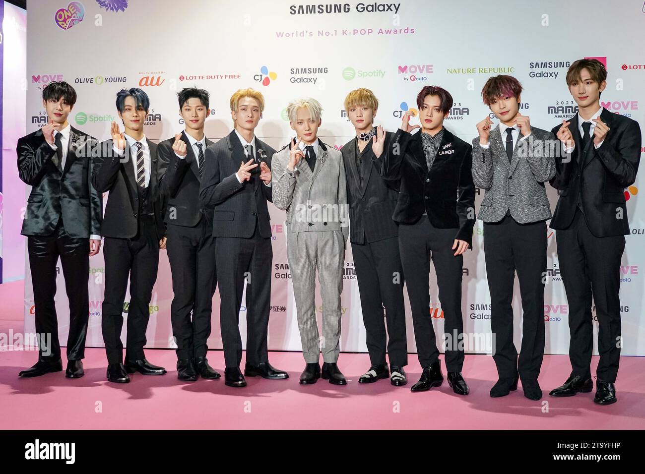Members of the band Xikers pose for photos on the red carpet of the 2023 MAMA Awards at Tokyo ...