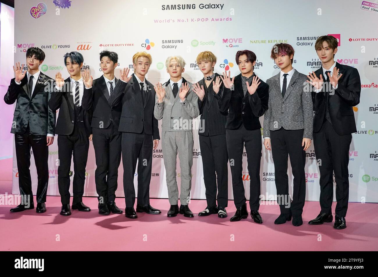 Members of the band Xikers pose for photos on the red carpet of the 2023 MAMA Awards at Tokyo ...