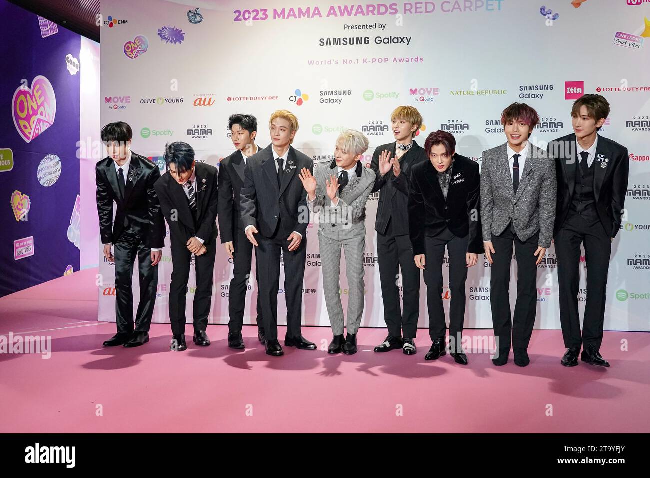 Members of the band Xikers pose for photos on the red carpet of the 2023 MAMA Awards at Tokyo ...