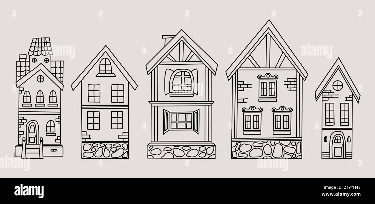 Collection outline houses doodles. Urban and rural architecture. Vector ...