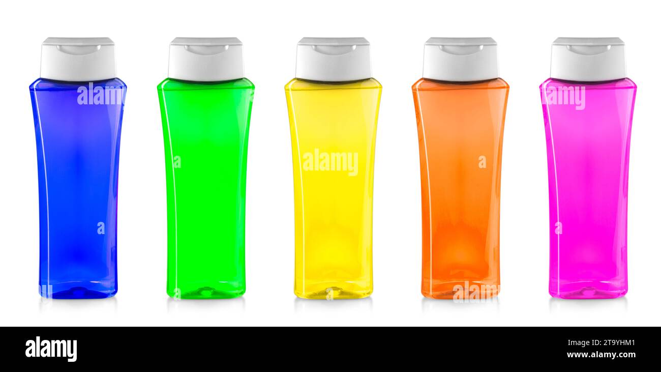 The set of colored shower gel bottles isolated on white background with ...