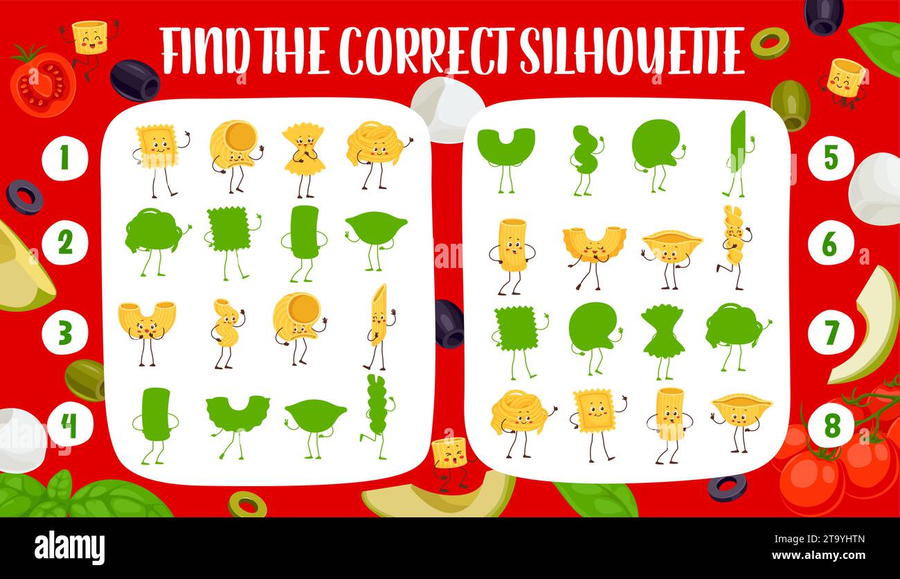 Find silhouette of funny italian pasta characters kids game quiz ...