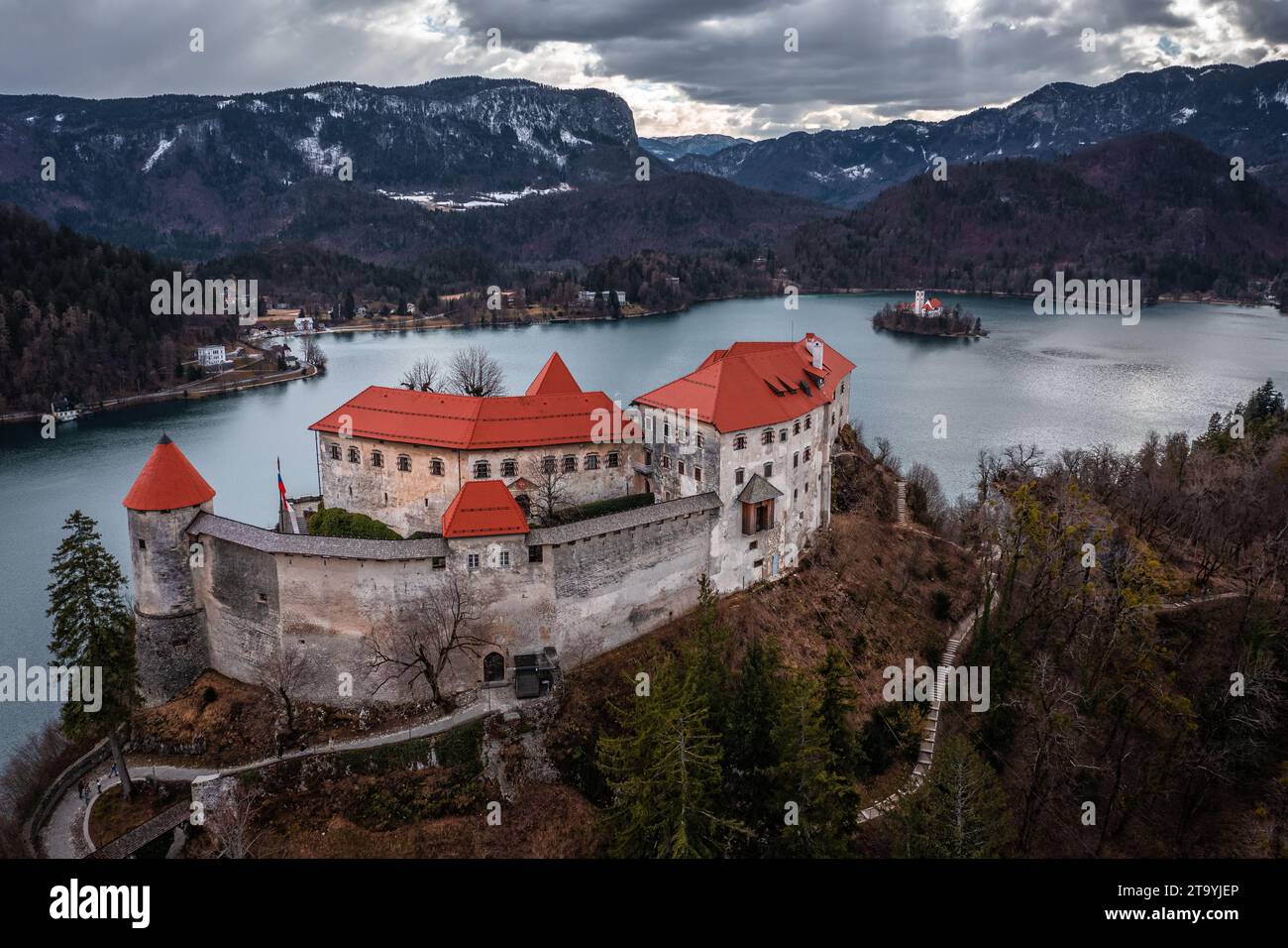 Lake Bled, Slovenia - Aerial view of beautiful Bled Castle (Blejski ...