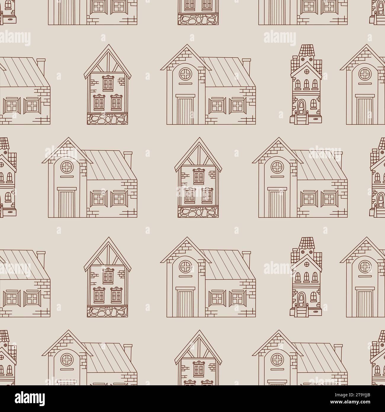 Seamless pattern with doodle town houses on light background. Vector ...