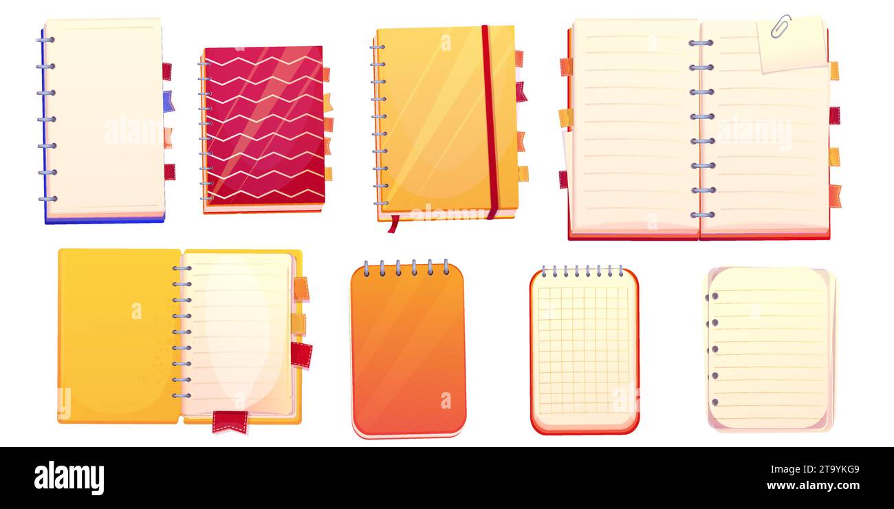 Set diary, note book in cartoon style top view, open, closed isolated ...