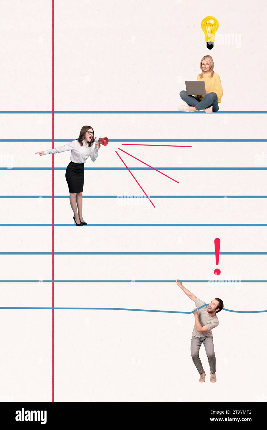 Collage of motivation manager woman screaming in loudspeaker punish ...