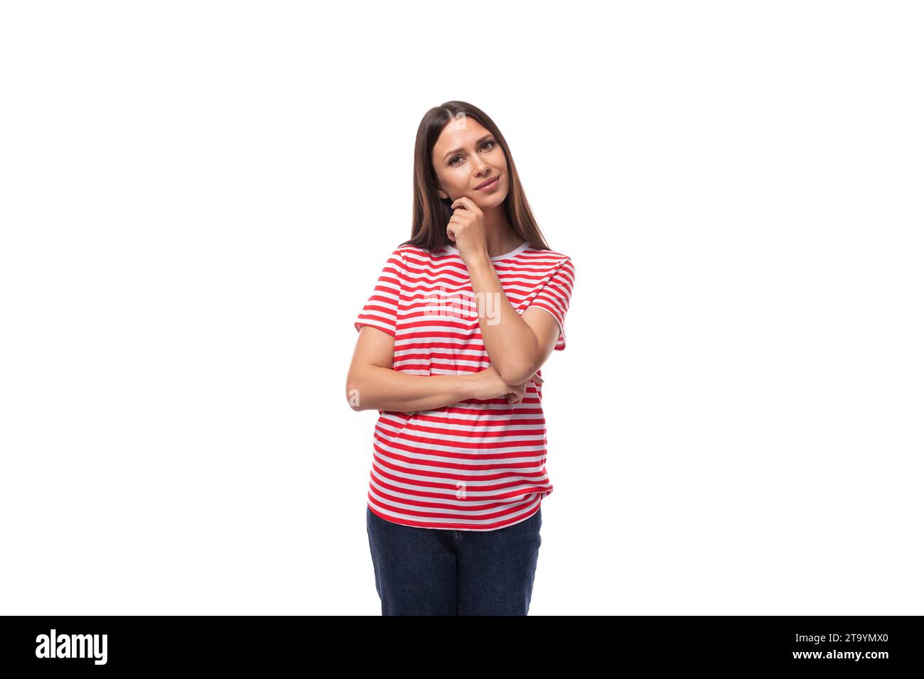 charming pretty 35 year old european lady in a red striped t-shirt on a ...
